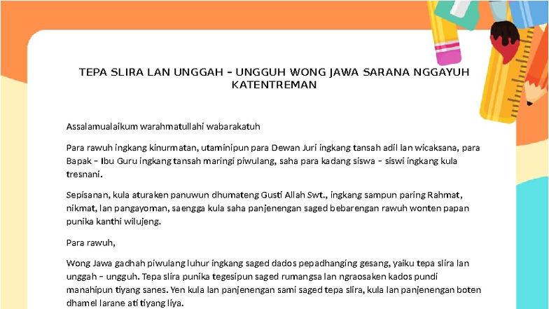 Sesorah Kelas XI: Tepa Slira dan Unggah Ungguh Wong Jawa - Studocu
