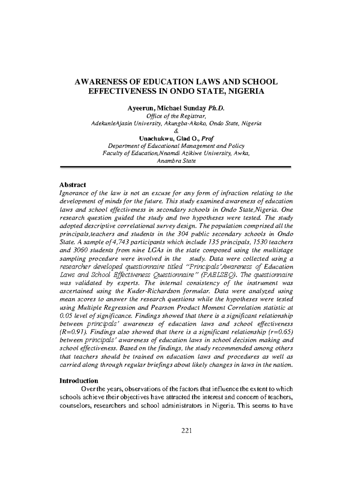 Awareness of Education Laws and School Effectiveness in Ondo State ...