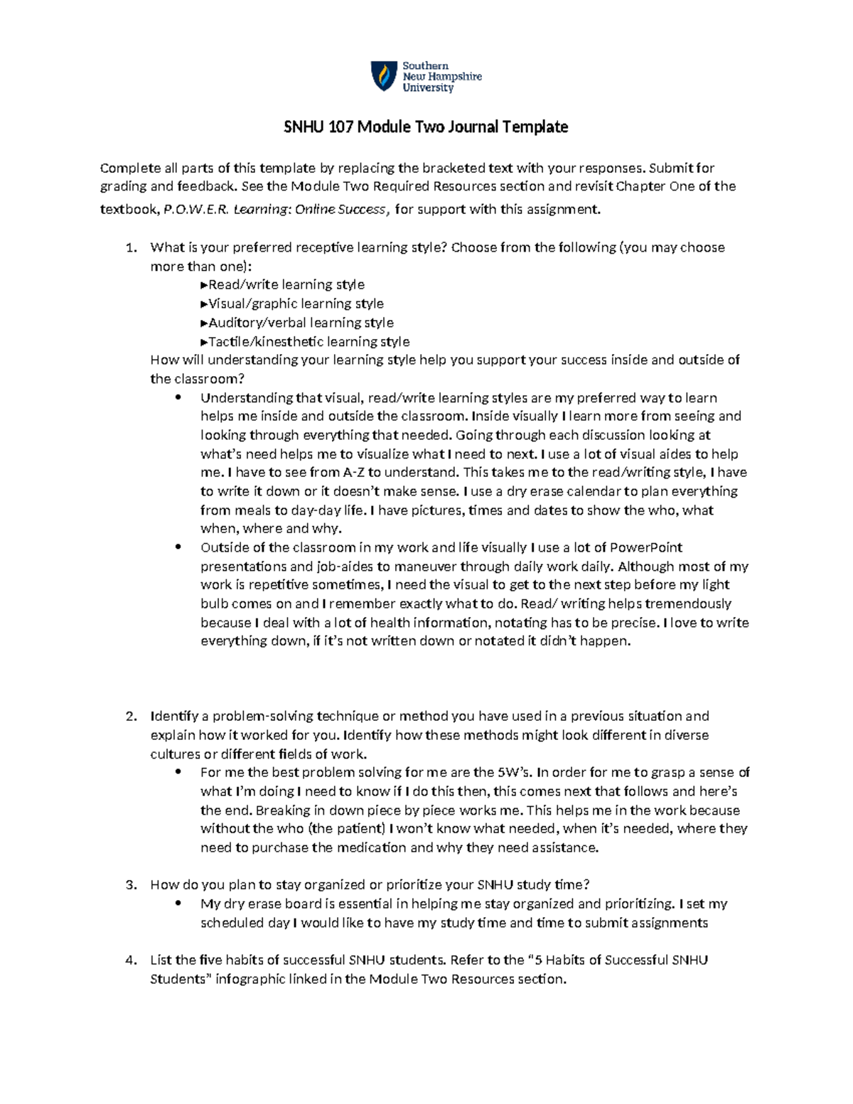 SNHU 107 Module Two Journal: Exploring Learning Styles & Success Habits ...