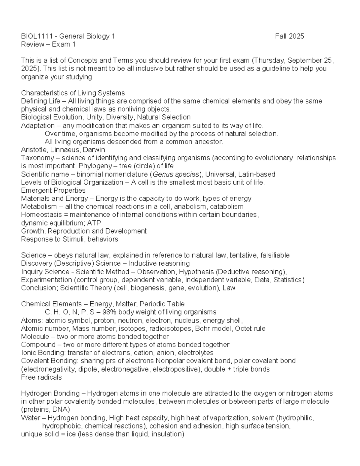 BIOL1111 - General Biology 1: Exam 1 Review Concepts & Terms - Studocu