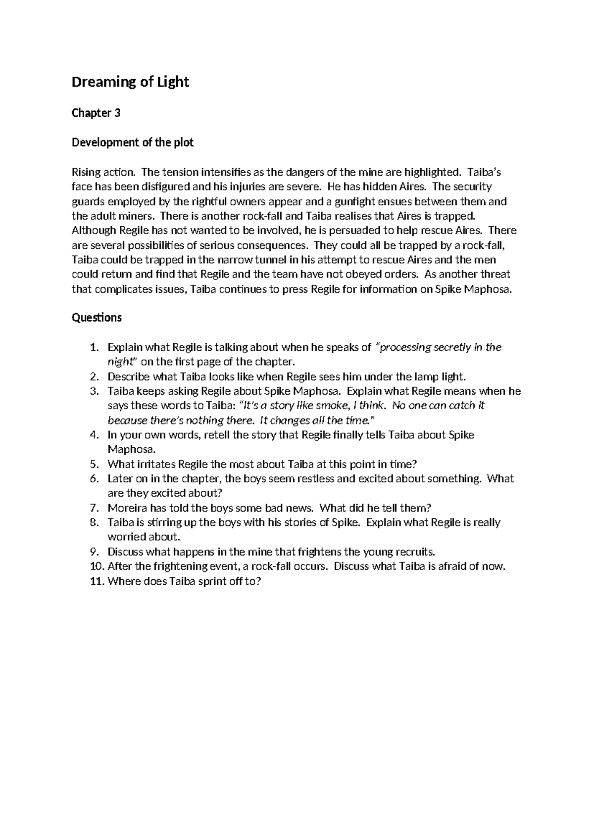 Dreaming of Light (Chapter 3) Plot Development Questions - Studocu