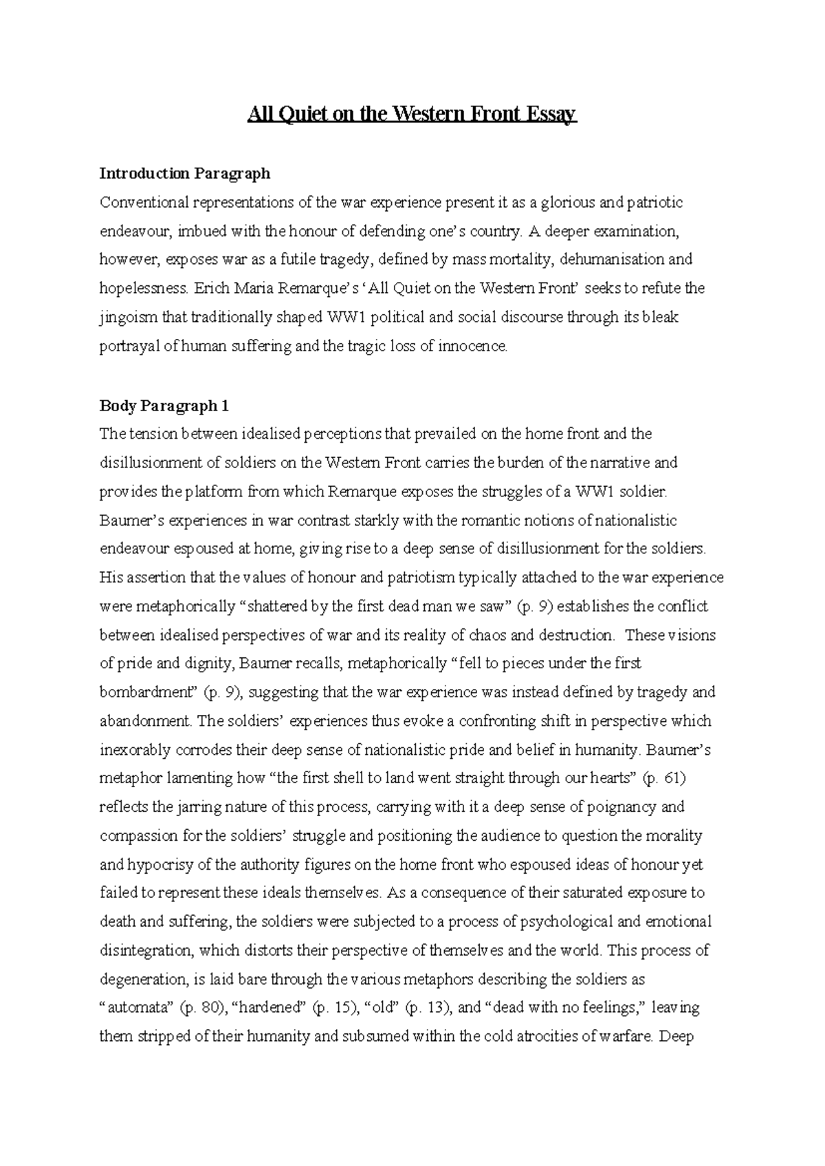 All Quiet on the Western Front: Essay Analysis & Insights - Studocu