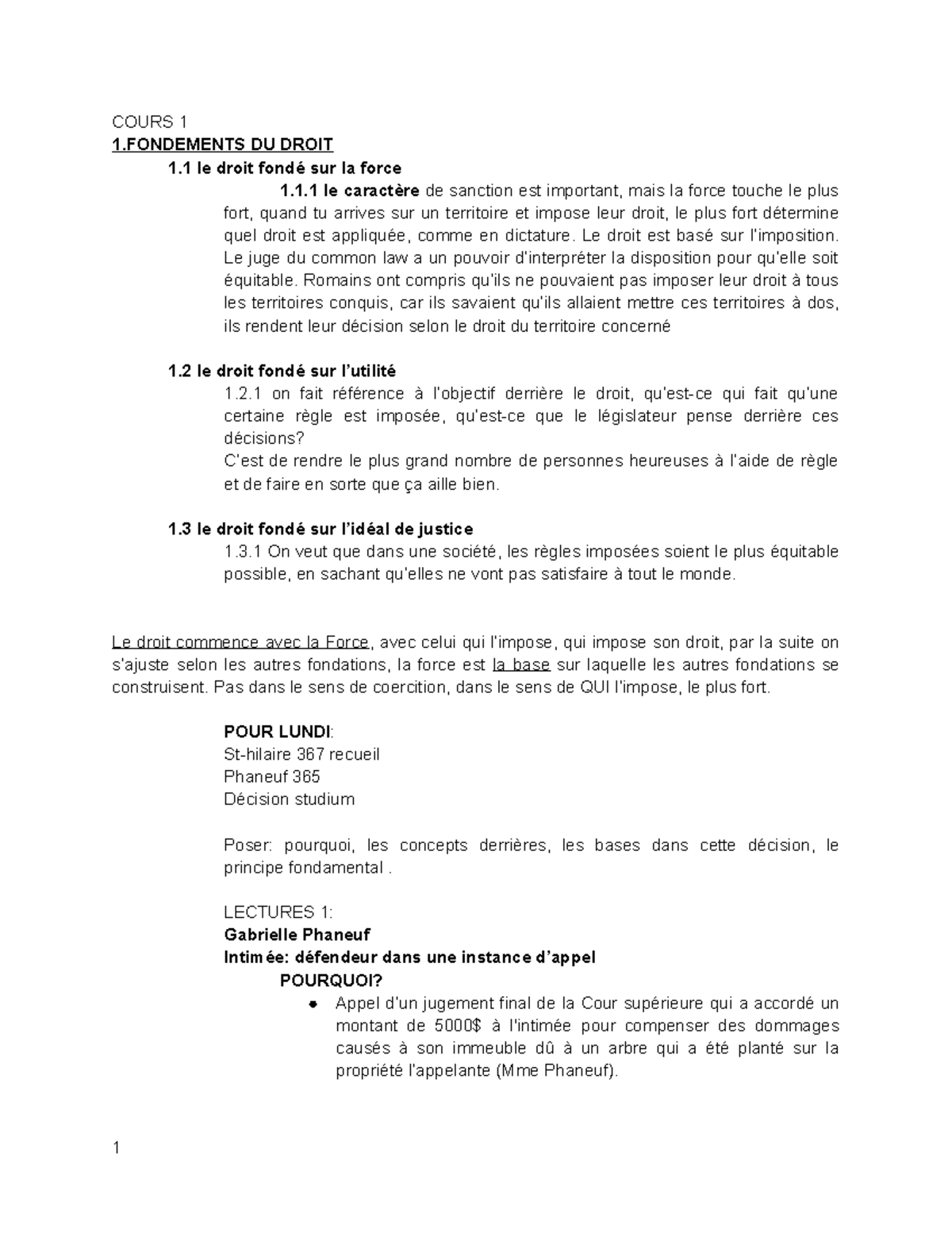 Fondement - notes de cours - COURS 1 1 DU DROIT 1 le droit fondé sur la ...