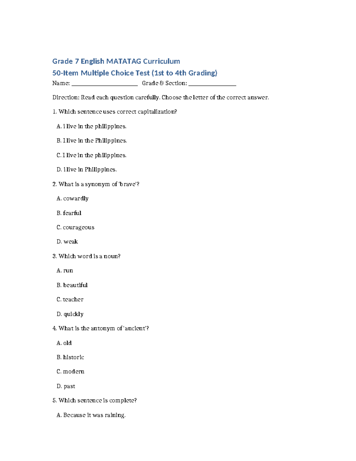 Grade 7 English MATATAG 50-Item Multiple Choice Test - Studocu