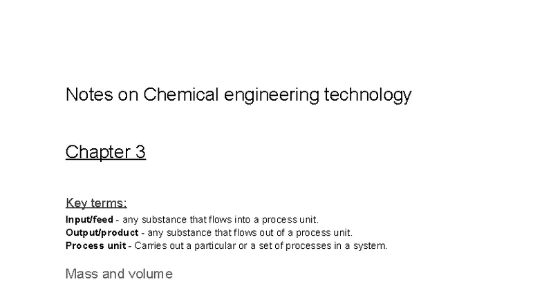Chemical Engineering Technology CH3: Key Terms & Flow Rates - Studocu