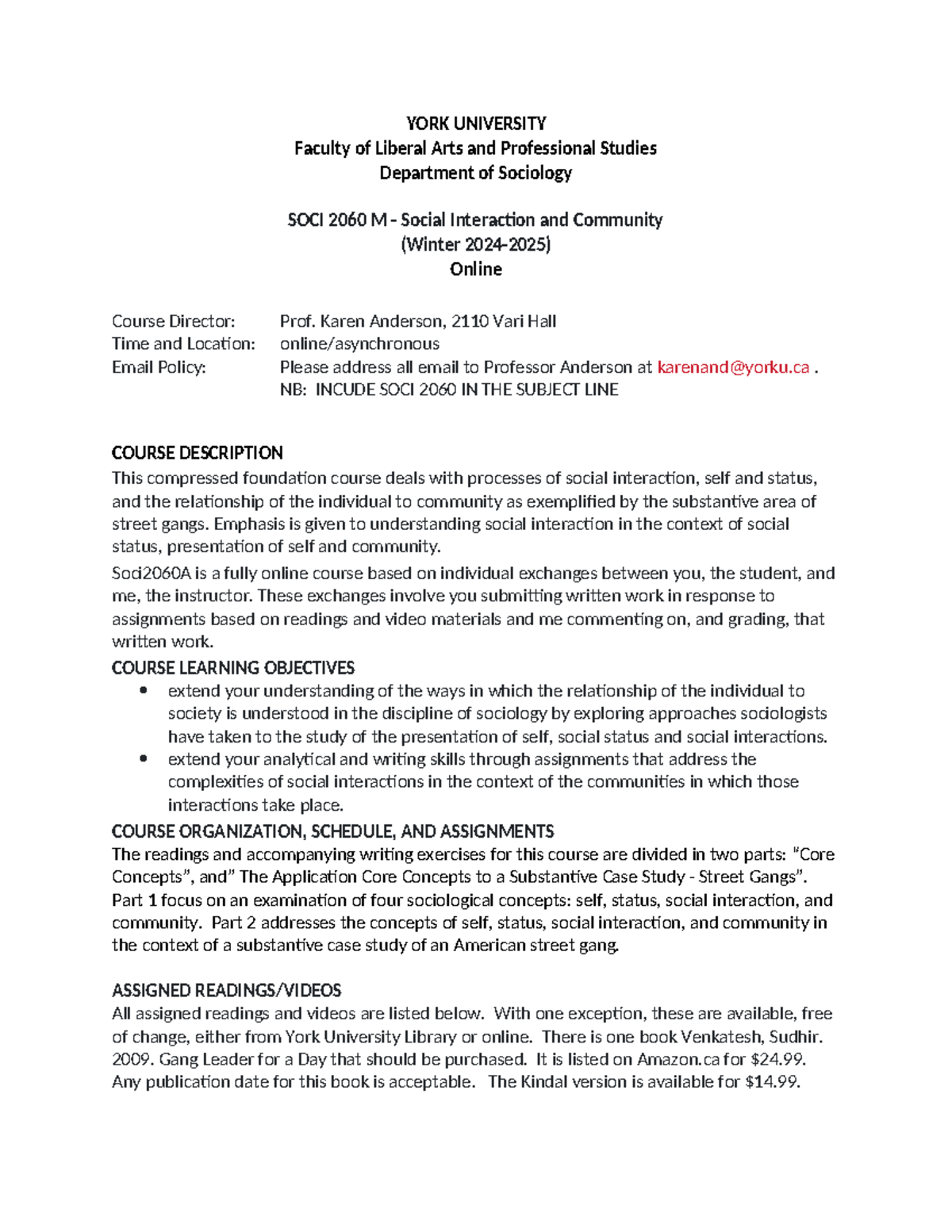 SOCI 2060 M Course Outline: Social Interaction & Community (Winter 2024 ...