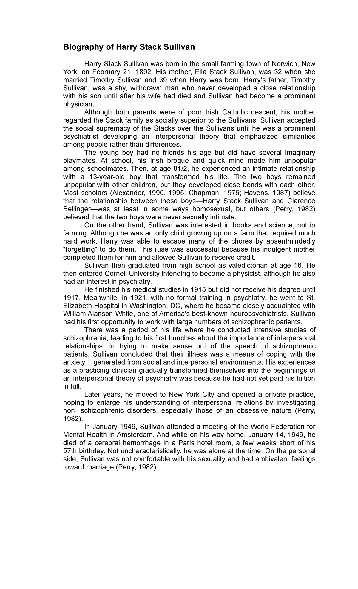 Harry Stack Sullivan - Biography of Harry Stack Sullivan Harry Stack ...