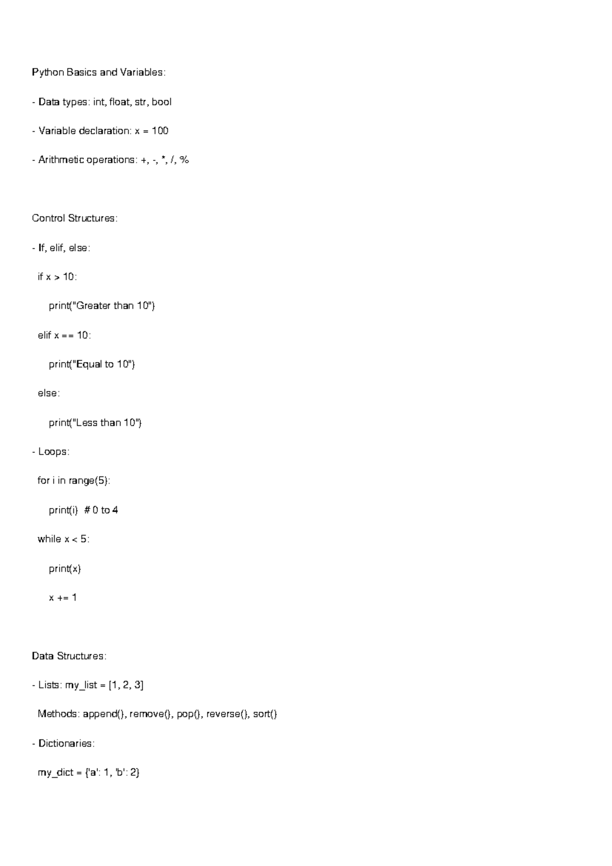 Python Basics Cheatsheet: Variables, Control Structures & Data Structures - Studeersnel