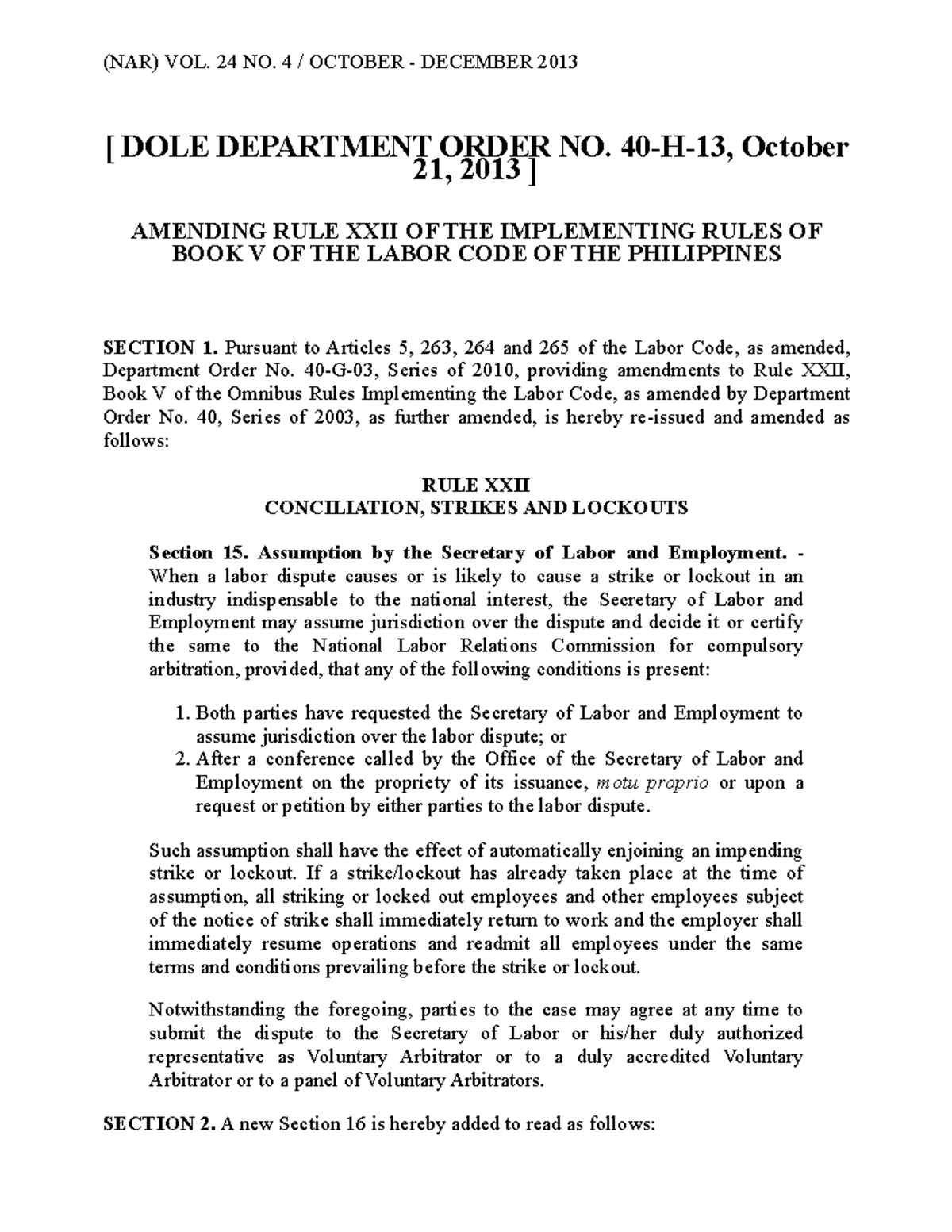 LAW - DOLE DO No. 40-H-13 (2013): Amending Rule XXII on Conciliation ...