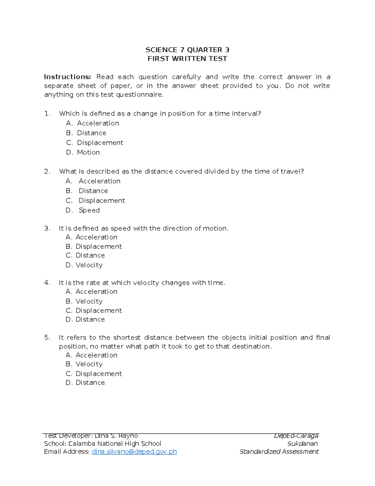 S7 Q3 Summative Test 1 - SCIENCE 7 - SCIENCE 7 QUARTER 3 FIRST WRITTEN ...