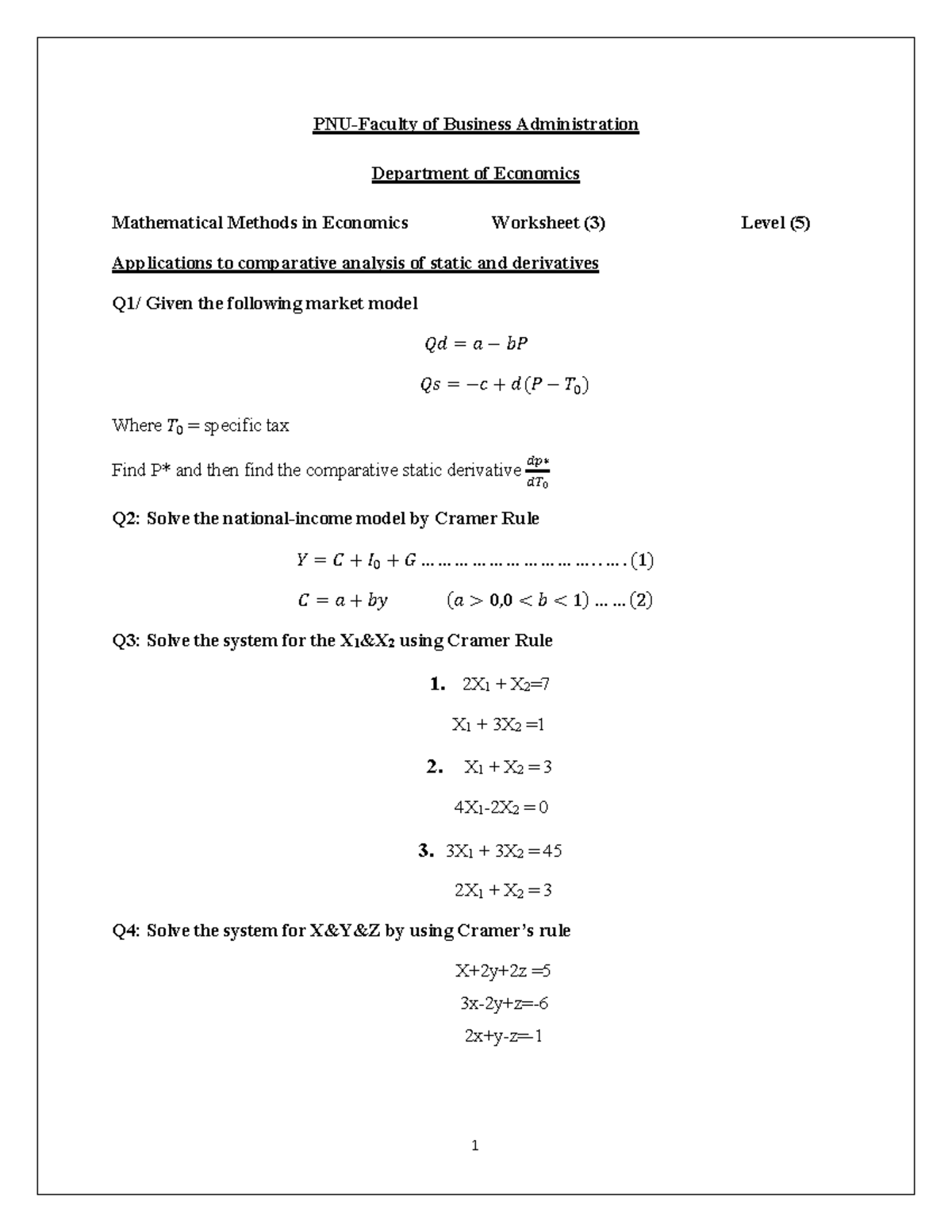 Mathematical Methods in Economics: Homework 3 (ECO 101) - Studocu