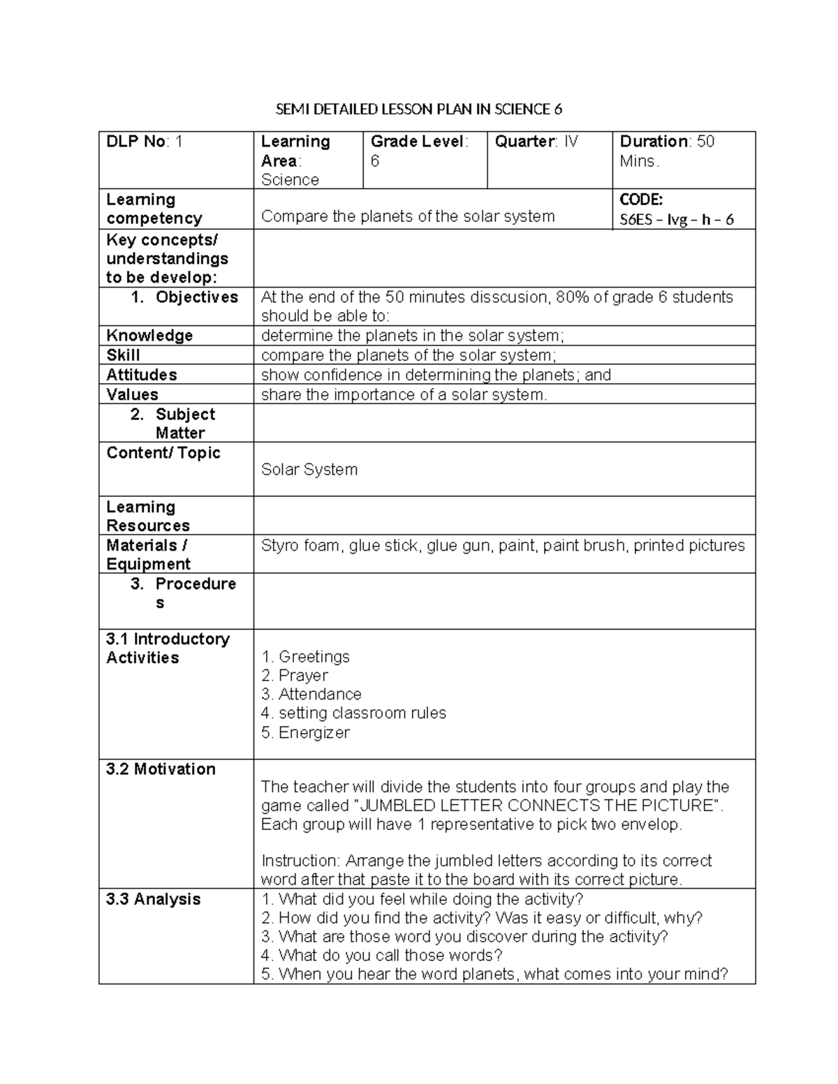 Semi-Detailed Lesson Plan: Comparing Planets in Science 6 - Studocu
