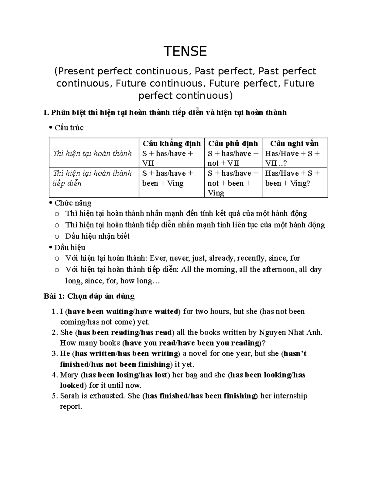 TENSE (Present Perfect, Past Perfect, Future Continuous) - Notes ...