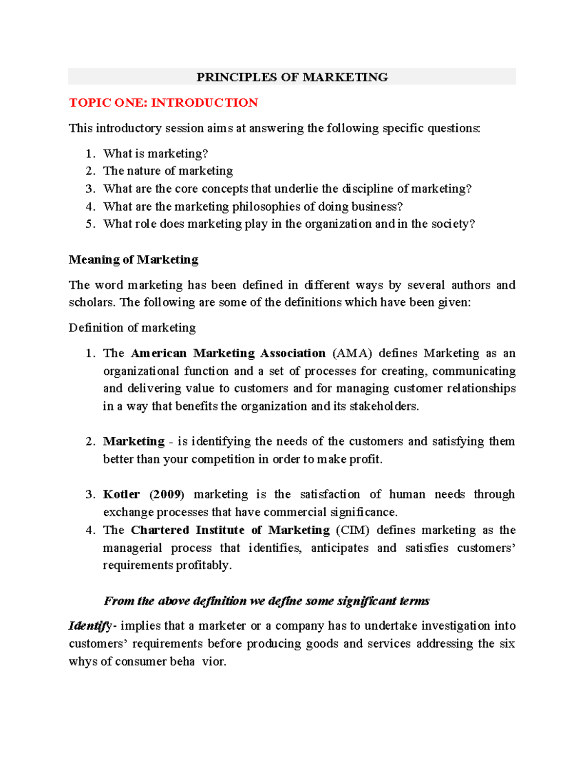 Principles of Marketing: Introduction and Key Concepts (SET 1) - Studocu