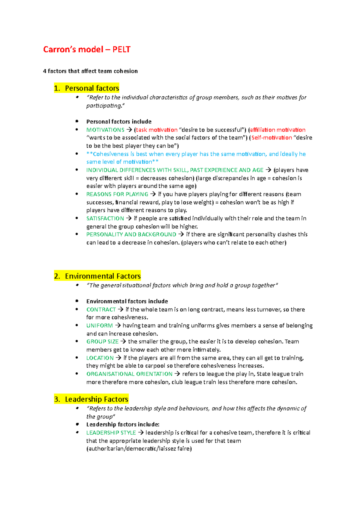 Carron's Model - Lecture Notes on Team Cohesion Factors - Studocu