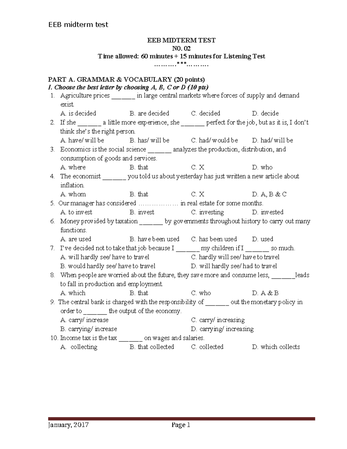 Midterm Test 2 - EEB Midterm Exam on Grammar, Vocabulary, and Listening ...