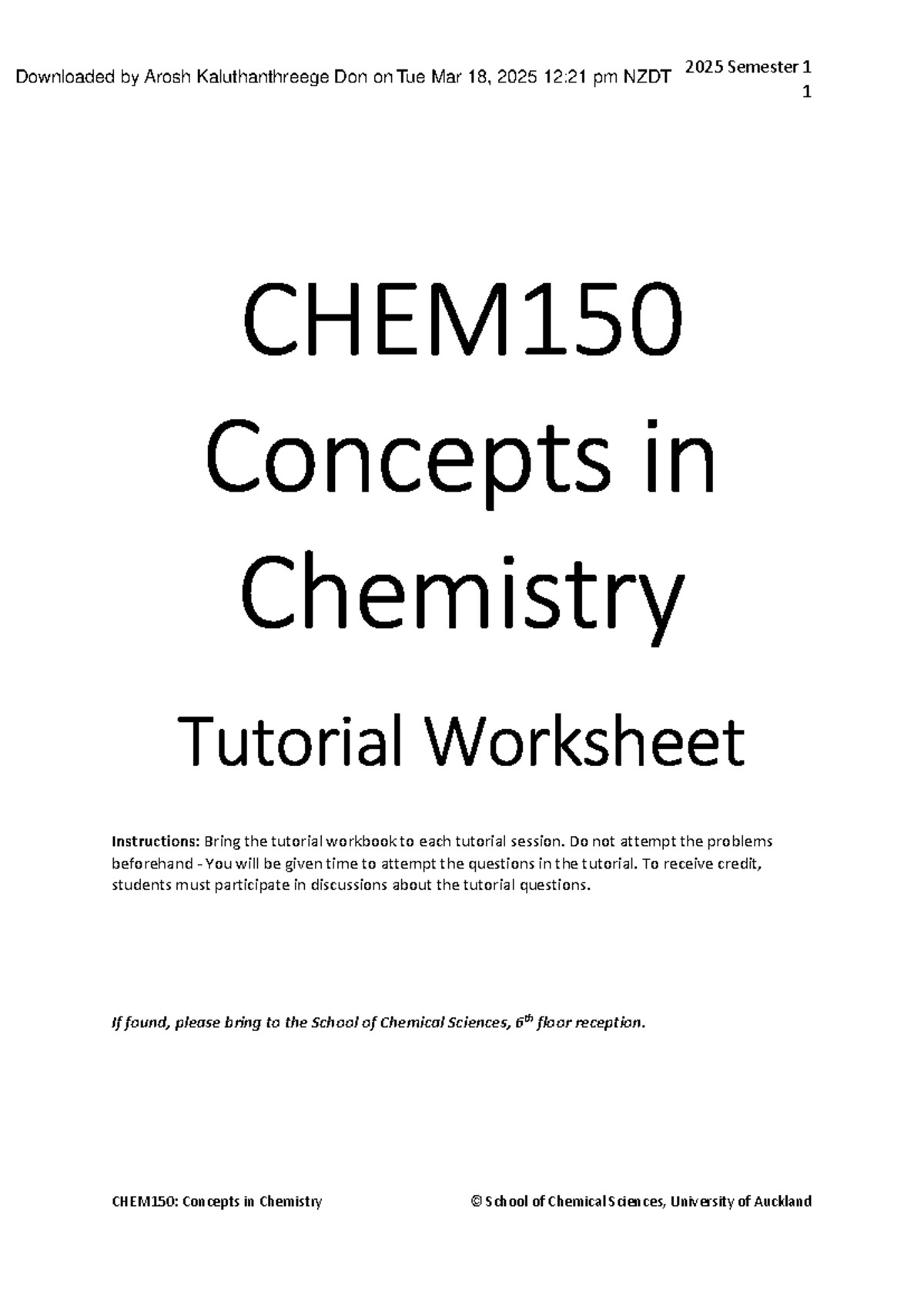 CHEM150 2025 S1 Tutorial Worksheets - 1 CHEM Concepts in Chemistry ...