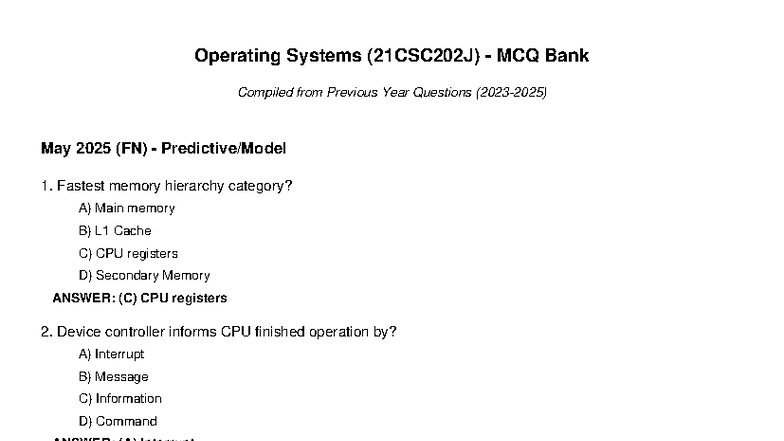 Operating Systems (21CSC202J) MCQ Bank from Previous Year Questions ...