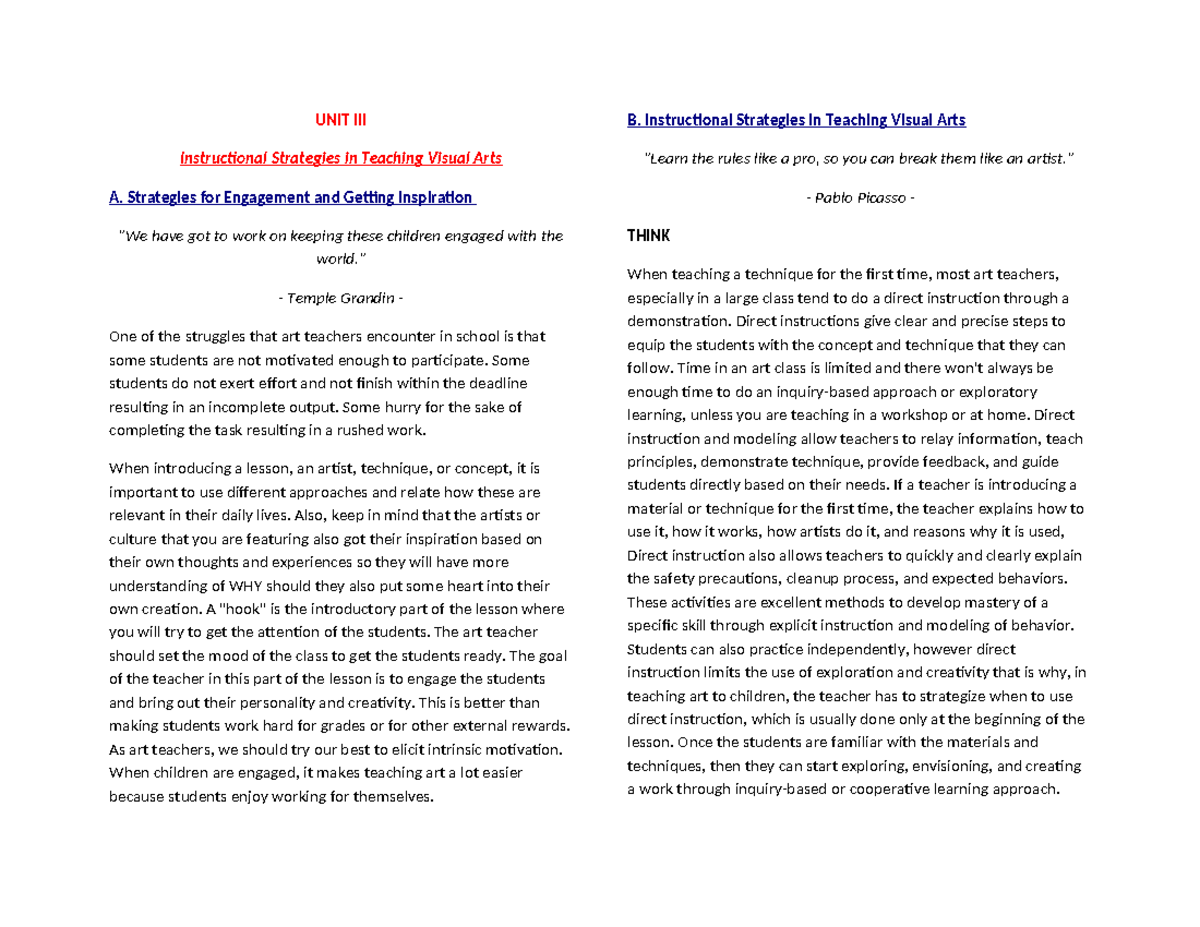 BEED 3rd Year Final Exam Notes: Teaching Visual Arts Strategies - Studocu