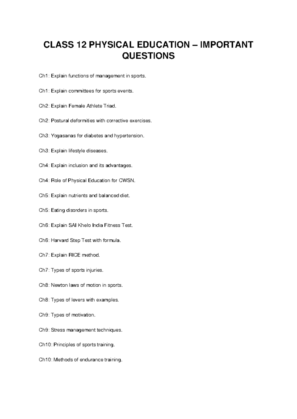 PE Class 12 Important Questions: Key Topics & Concepts - Studocu