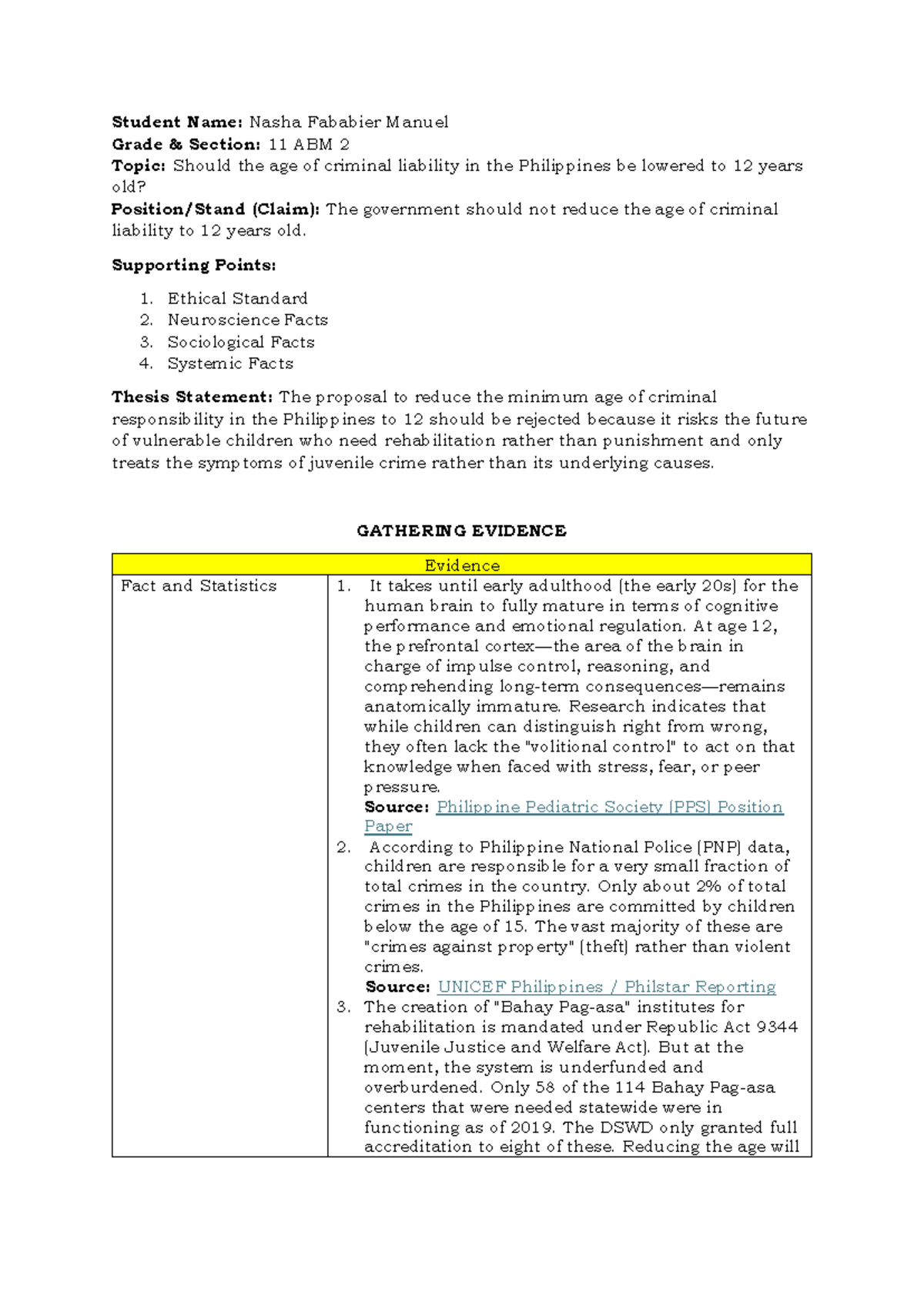 Position Paper Fact Sheet: Age of Criminal Liability in PH (11 ABM 2 ...