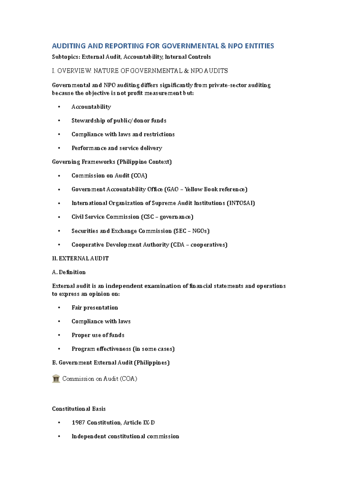 AUDITING AND REPORTING FOR GOVERNMENTAL NPO ENTITIES (Lecture) - Studocu
