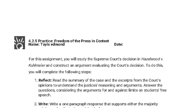 4.2.5 Practice: Analyzing Hazelwood v. Kuhlmeier Decision - Studocu