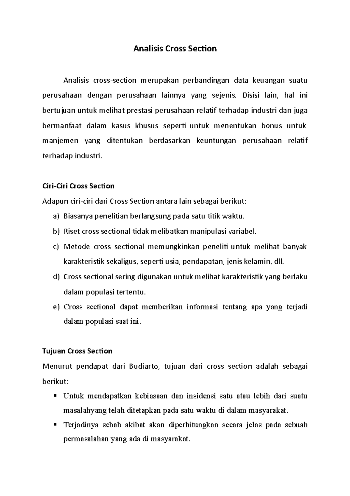 Analisis Cross Section: Metode, Ciri-Ciri, dan Tujuan Penelitian - Studocu
