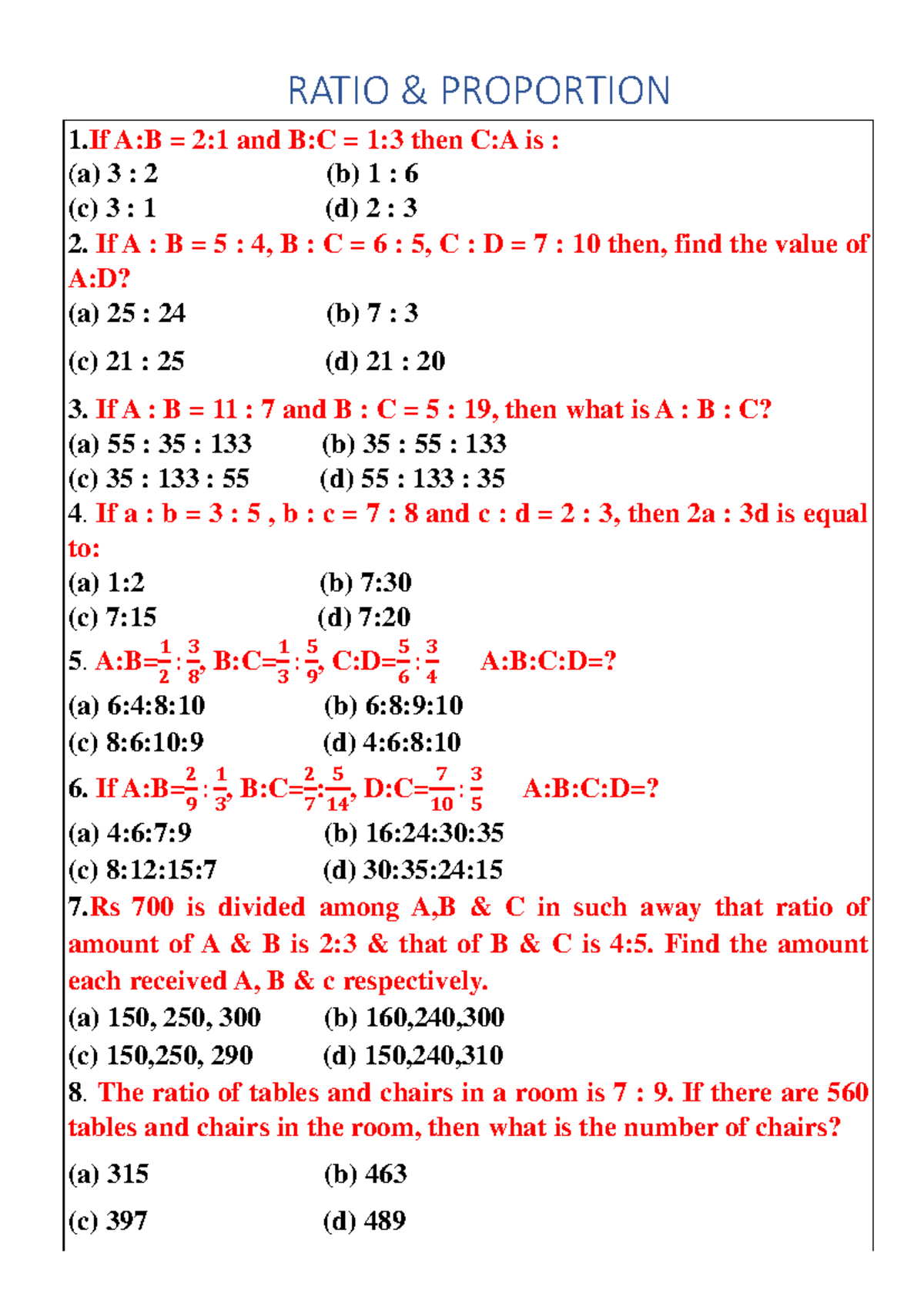 Ratio and Proportion - Notes for Math 101 Final Exam - Studocu