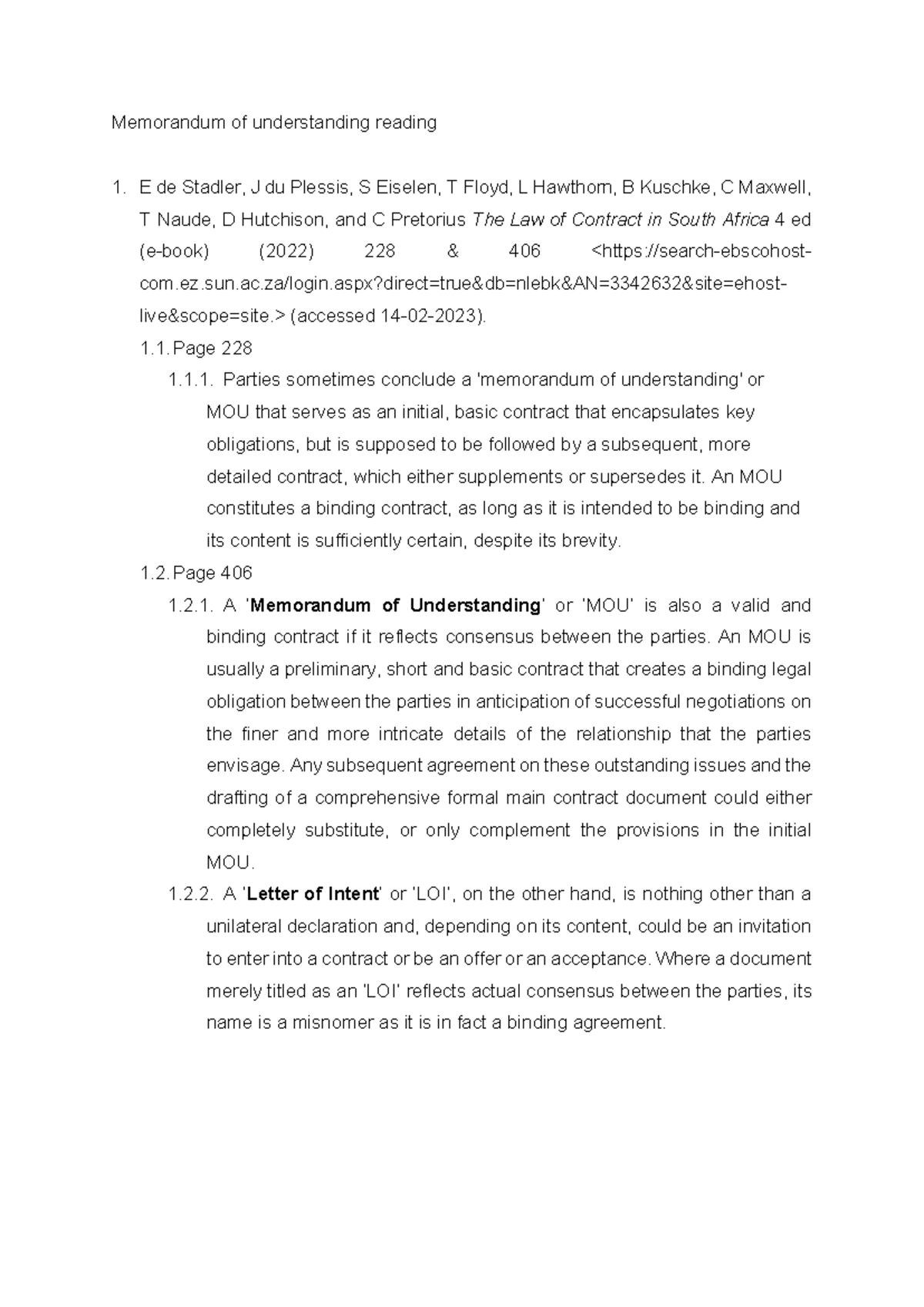 Understanding Memorandum of Understanding in Contract Law (Law 2) - Studocu