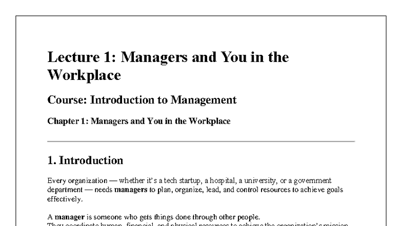Lecture 1: Managers and You in the Workplace - Intro to Management ...
