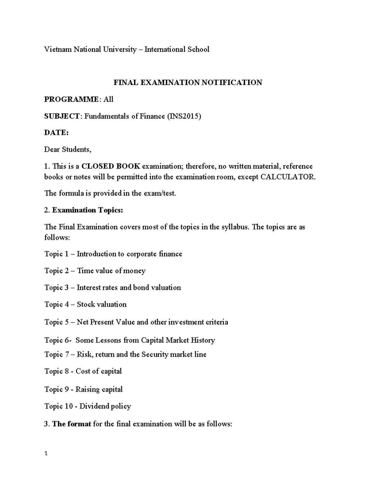 INS2015 Final Exam Notification: Fundamentals of Finance - Studocu