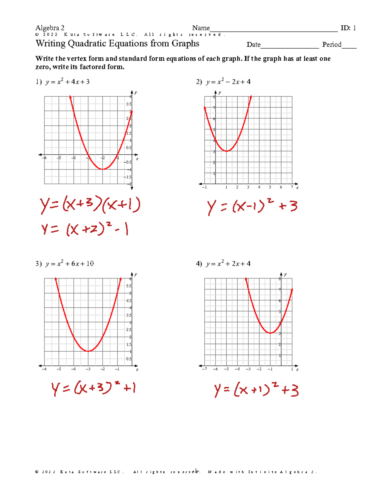 Algebra 2 - Writing Quadratic Equations from Graphs Worksheet - Studocu