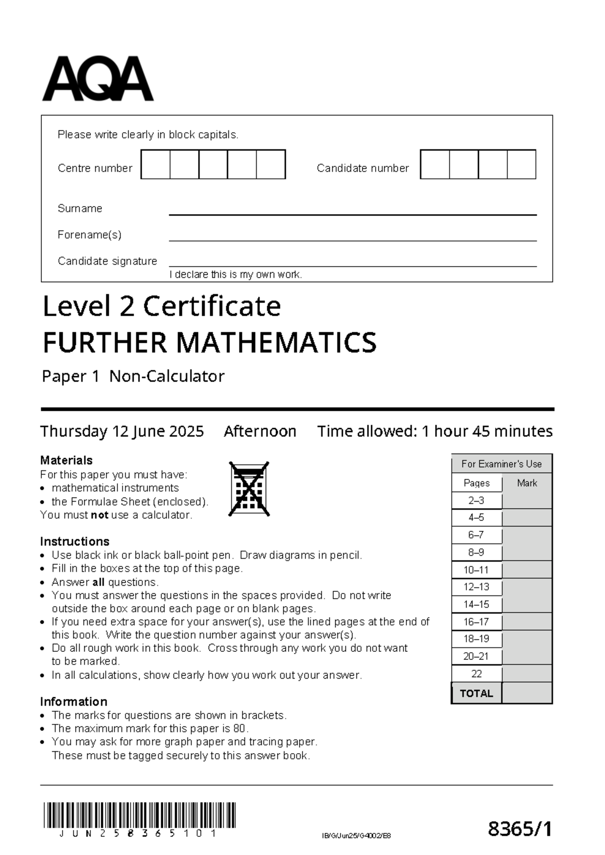AQA GCSE Further Mathematics Level 2 Paper 1 Question Paper 2025 - Studocu