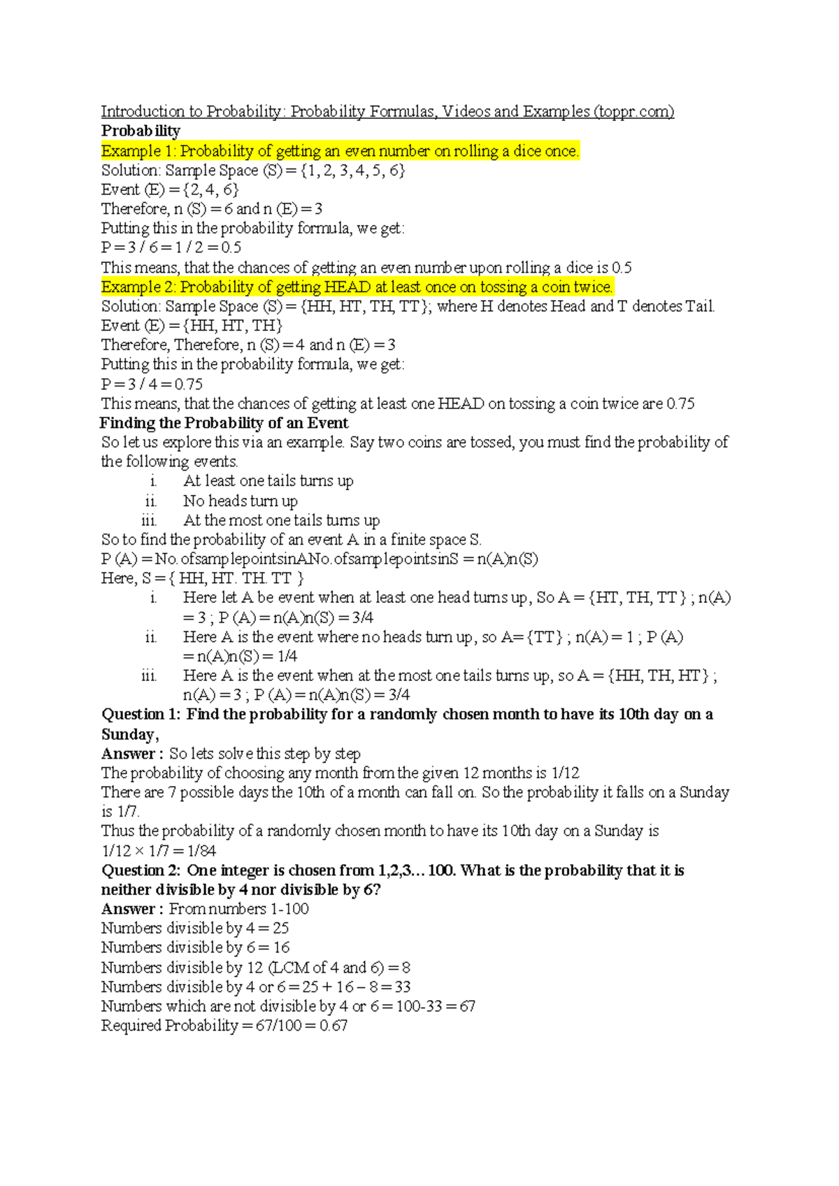Introduction to Probability: Formulas and Examples (MATH101) - Studocu