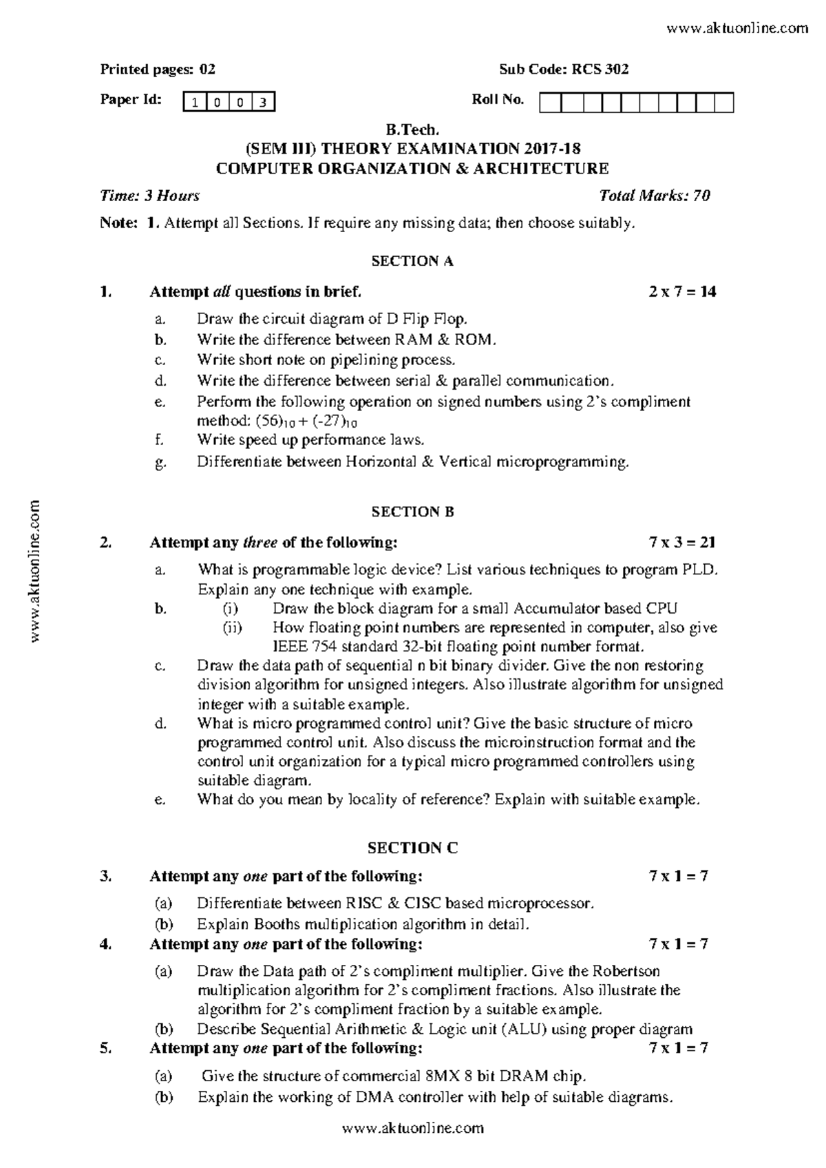 RCS 302 B.Tech Final Exam Notes: Computer Organization & Architecture ...