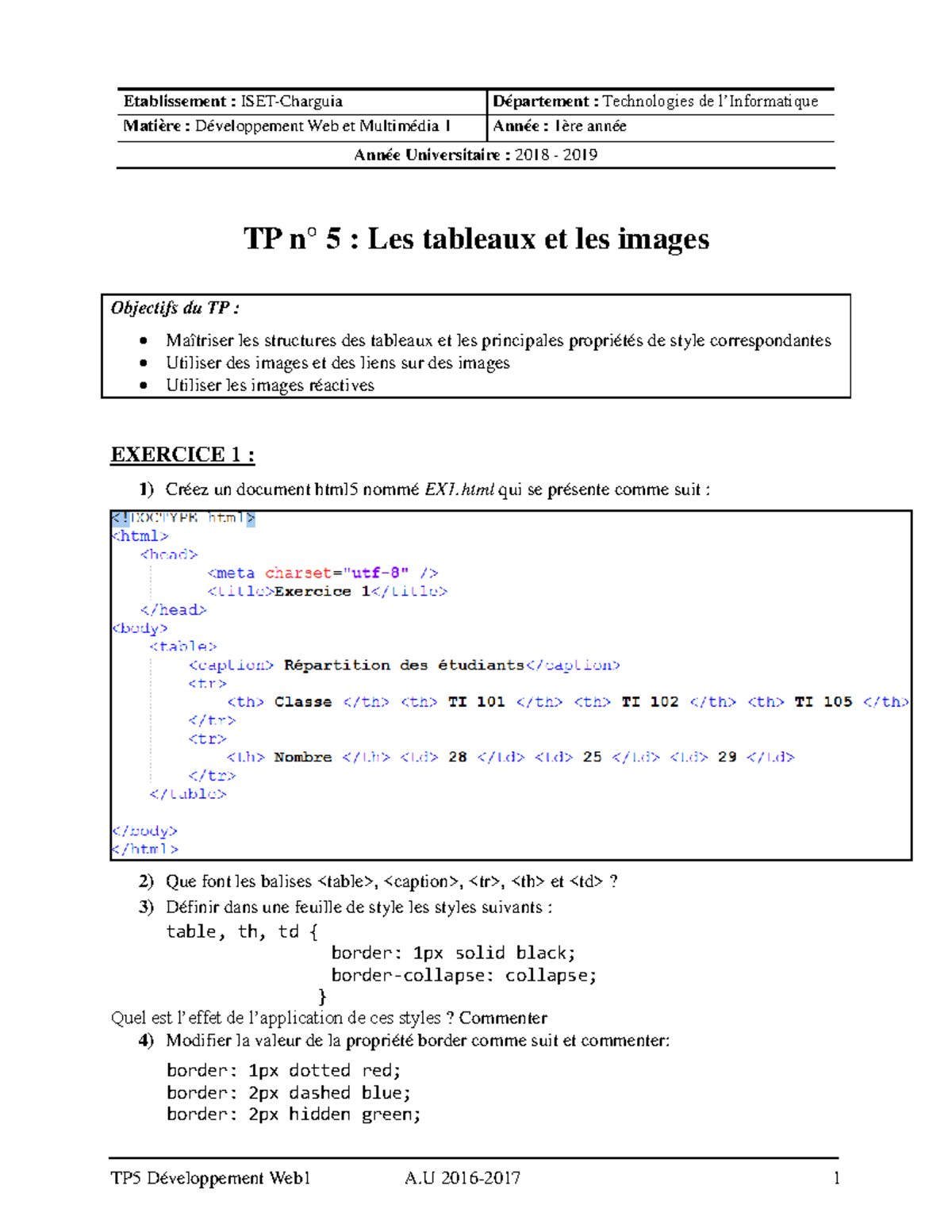 TP5 : Tableaux et Images en Développement Web 1 - Studocu