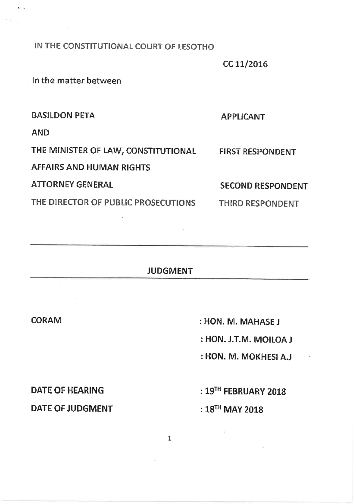 CC Judgment: Basildon Peta vs. Minister of Law & Others (2018) - Studocu