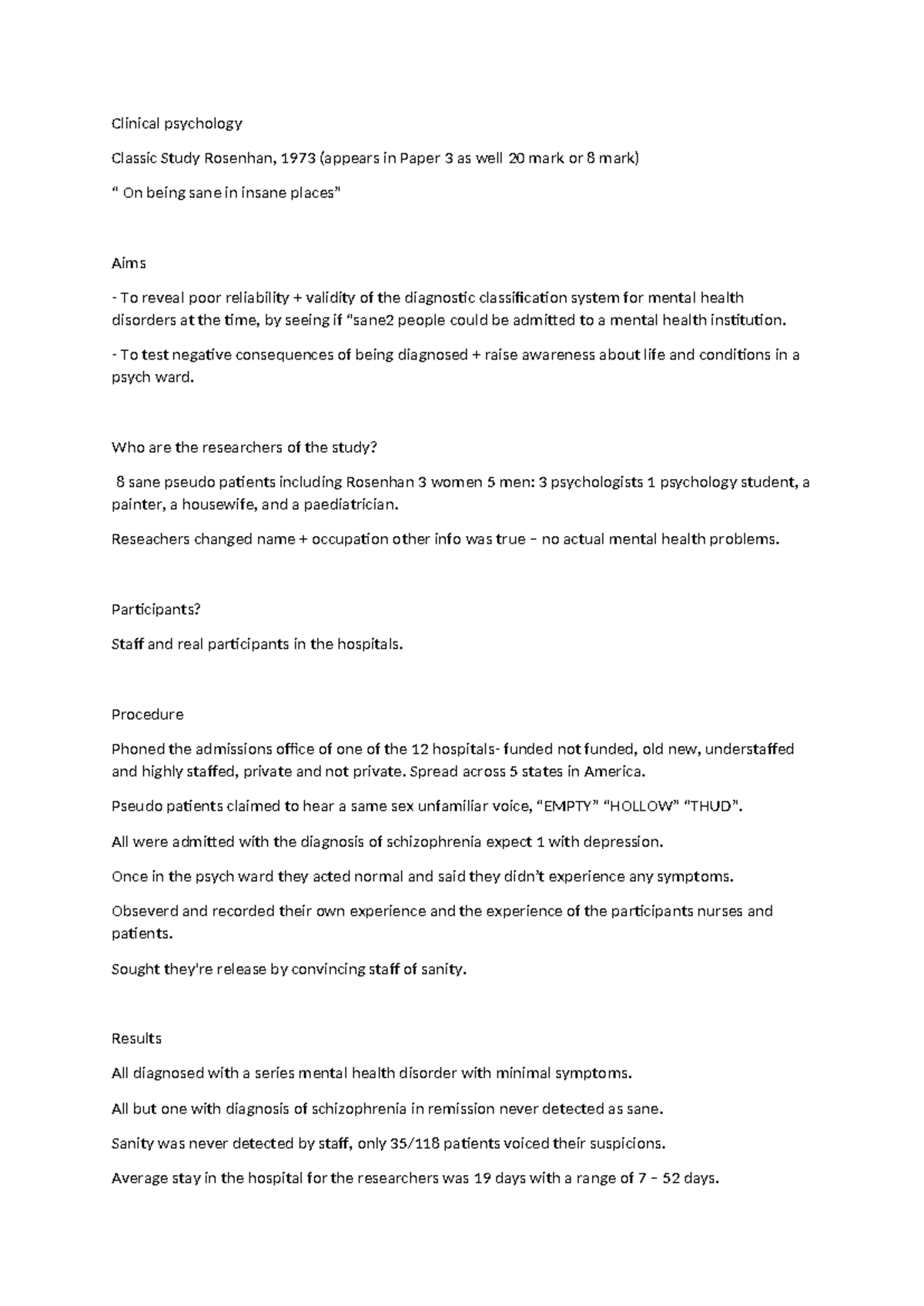 Edexcel Psychology Study: Rosenhan’s Experiment on Mental Health ...