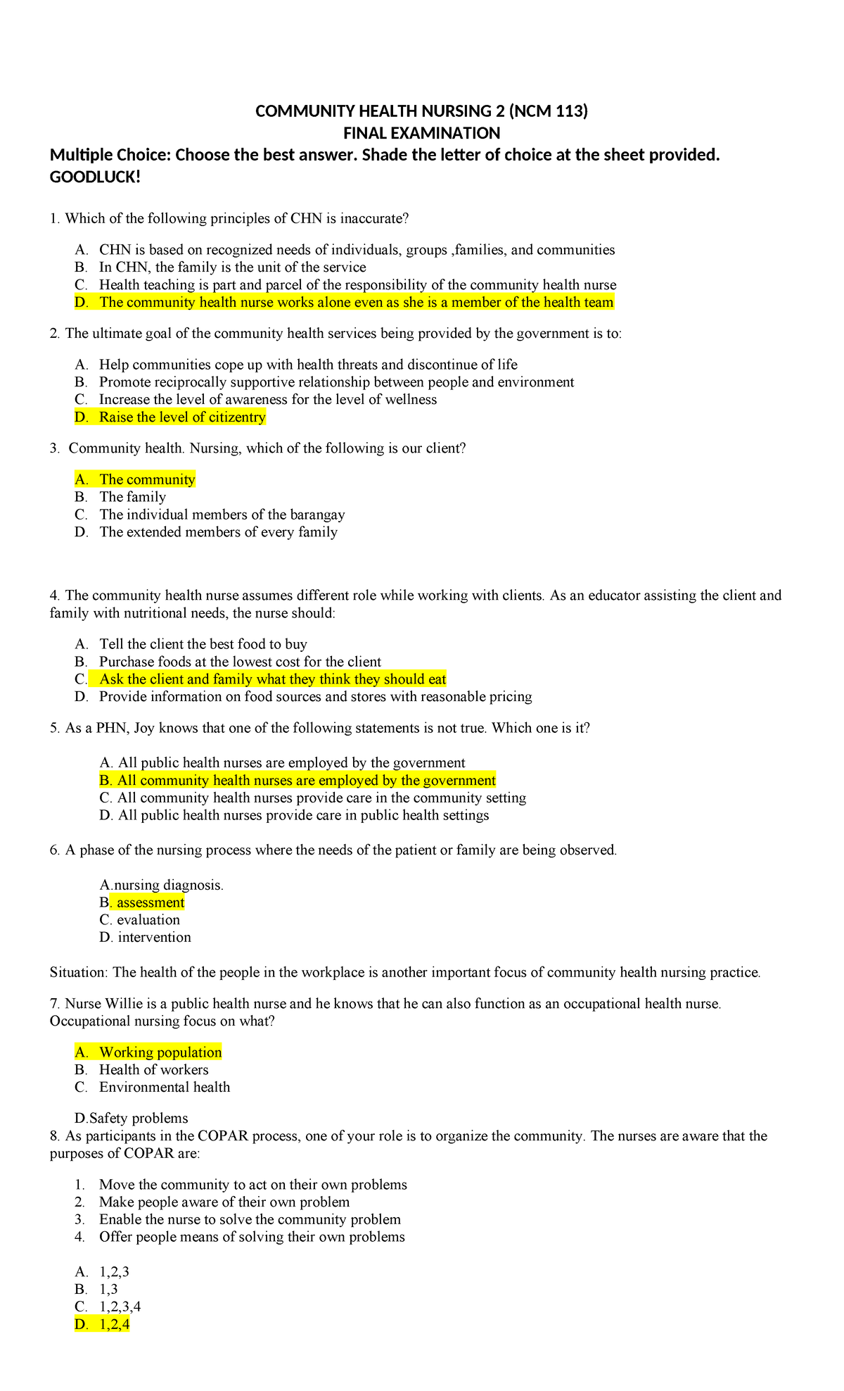 NCM 113 - Community Health Nursing Final Exam Questions & Answers - Studocu