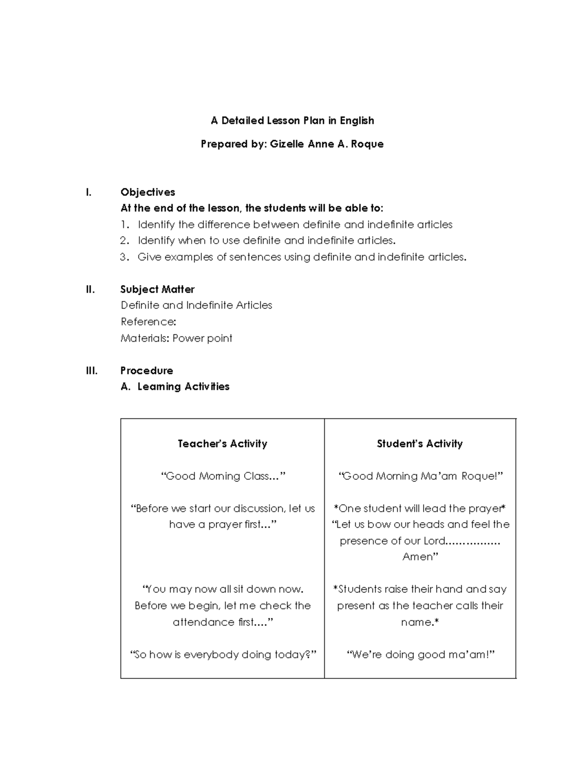 Detailed Lesson Plan on Definite and Indefinite Articles (English ...