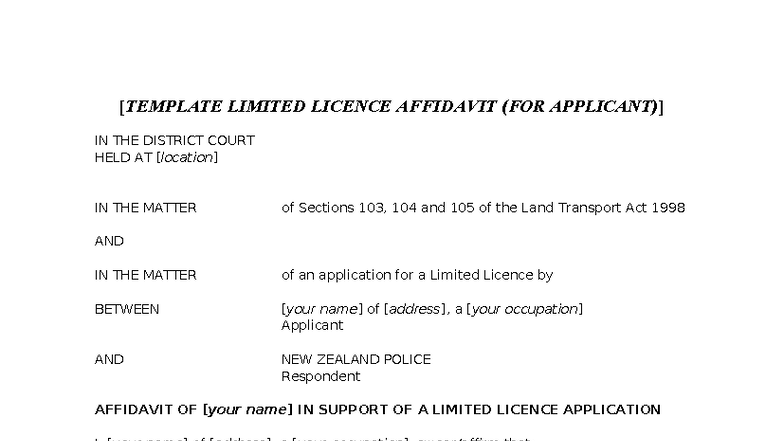 Limited Licence Affidavit Template for Court Application - Studocu
