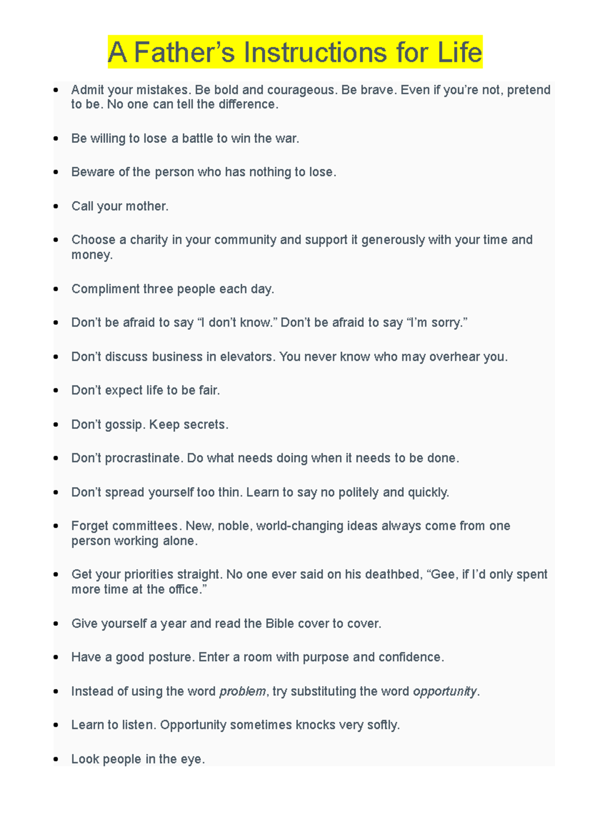 Father's Life Lessons: Timeless Advice for Living Well - Studocu