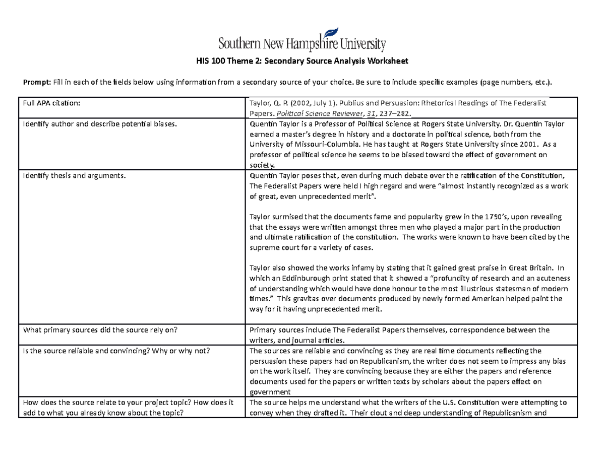 His100 secondary source analysis worksheet Awright - HIS 100 Theme 2 ...