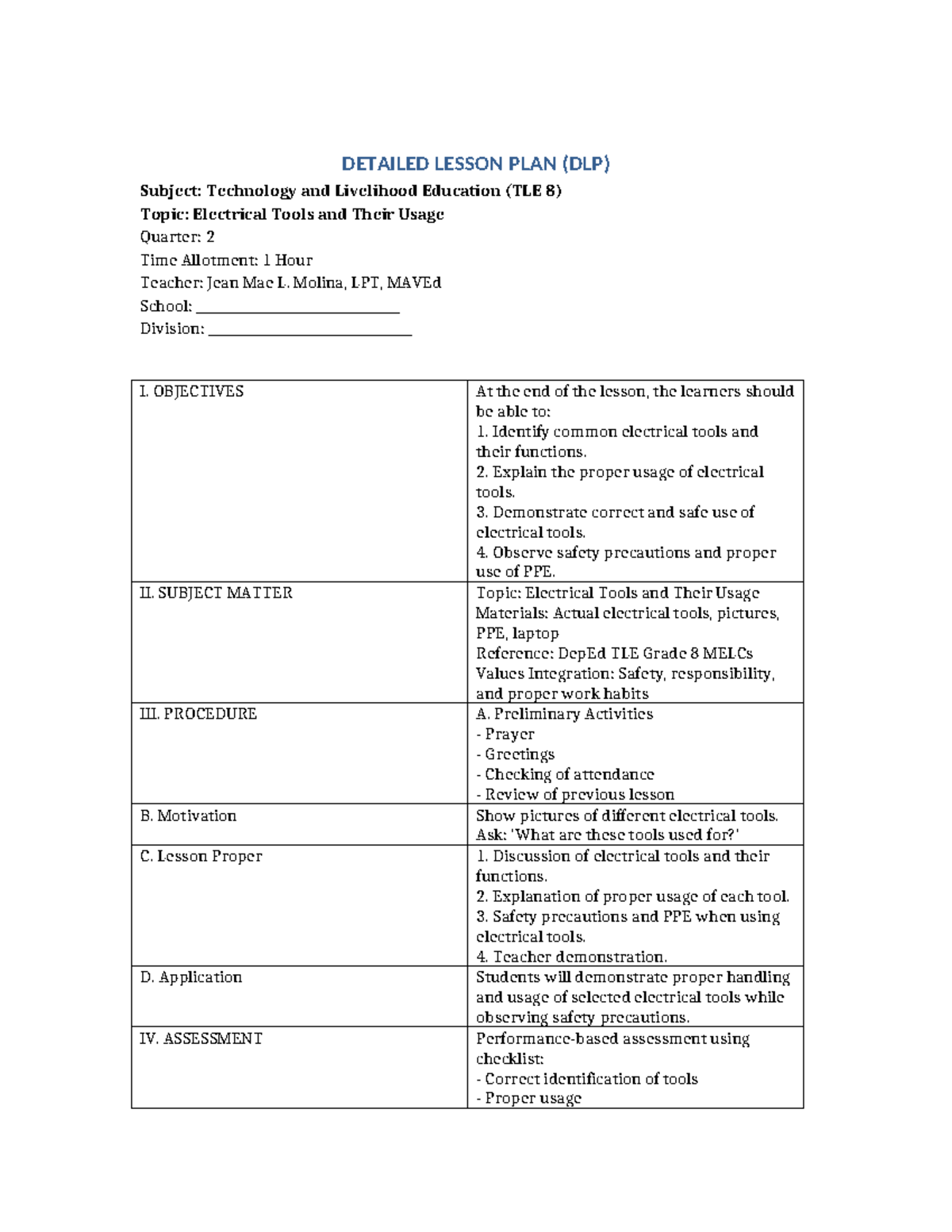 Grade 8 TLE Detailed Lesson Plan: Electrical Tools & Usage - Studocu