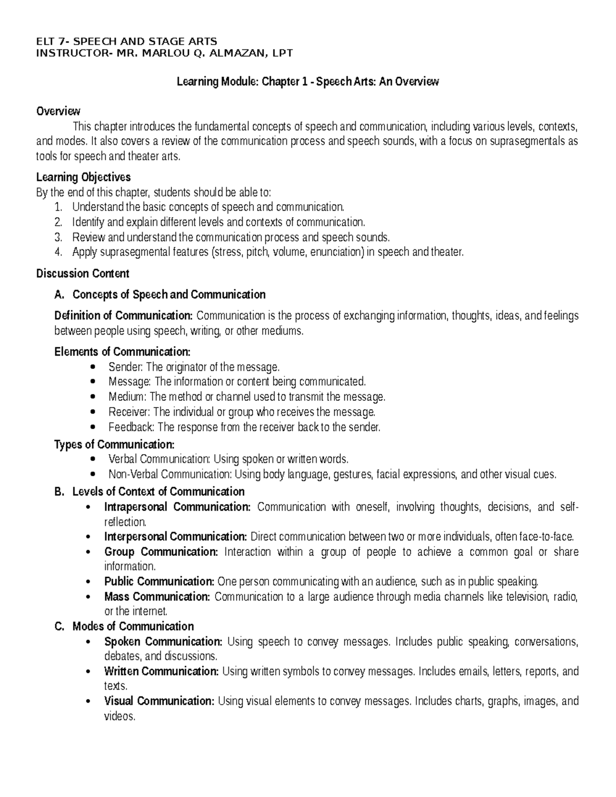 ELT 7 Speechandstagearts Learning Materials - INSTRUCTOR- MR. MARLOU Q. ALMAZAN, LPT Learning ...
