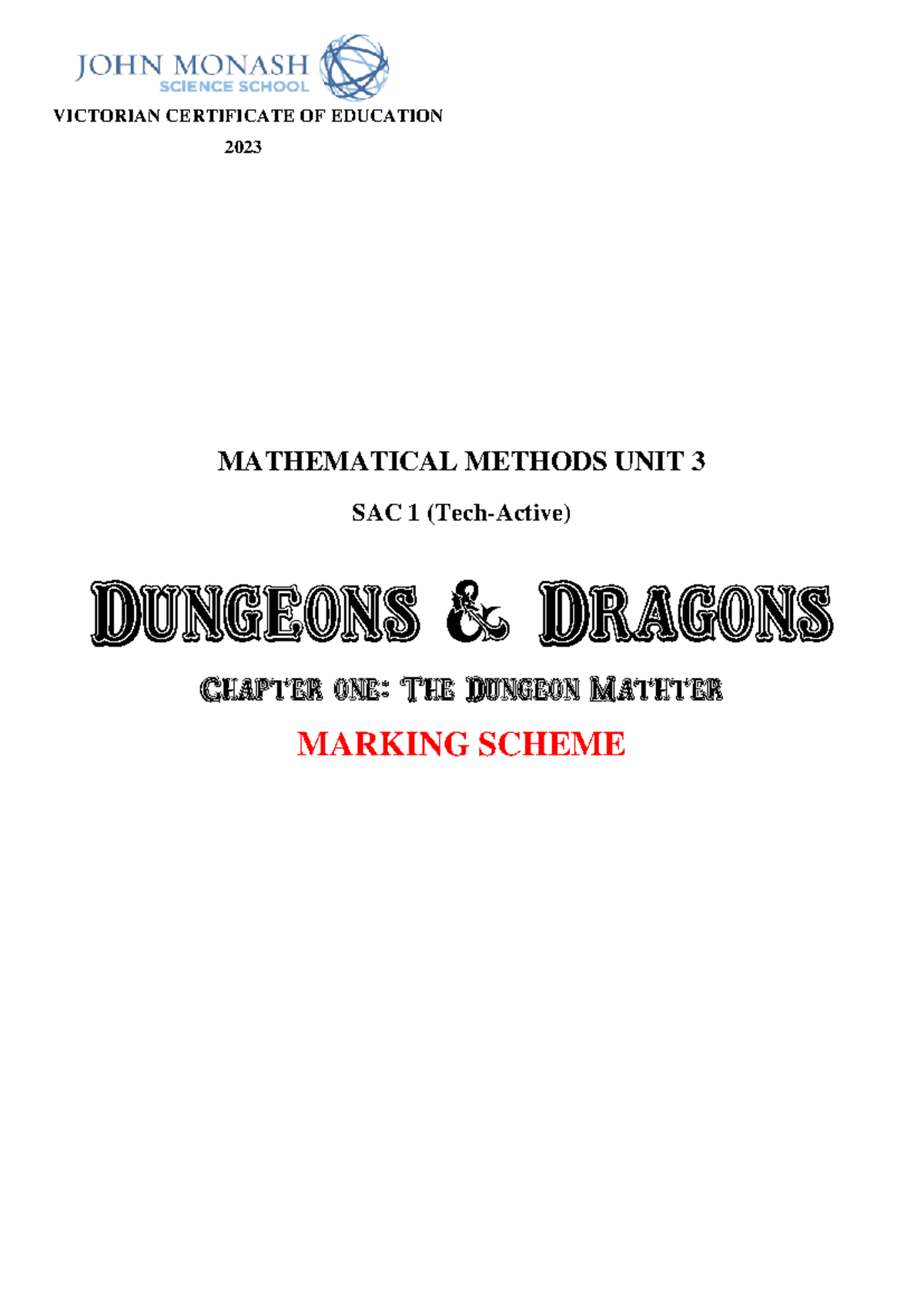 2023 MATHMETH SAC 1 Solutions: Dungeons & Dragons Chapter 1 Marking Scheme - Studocu