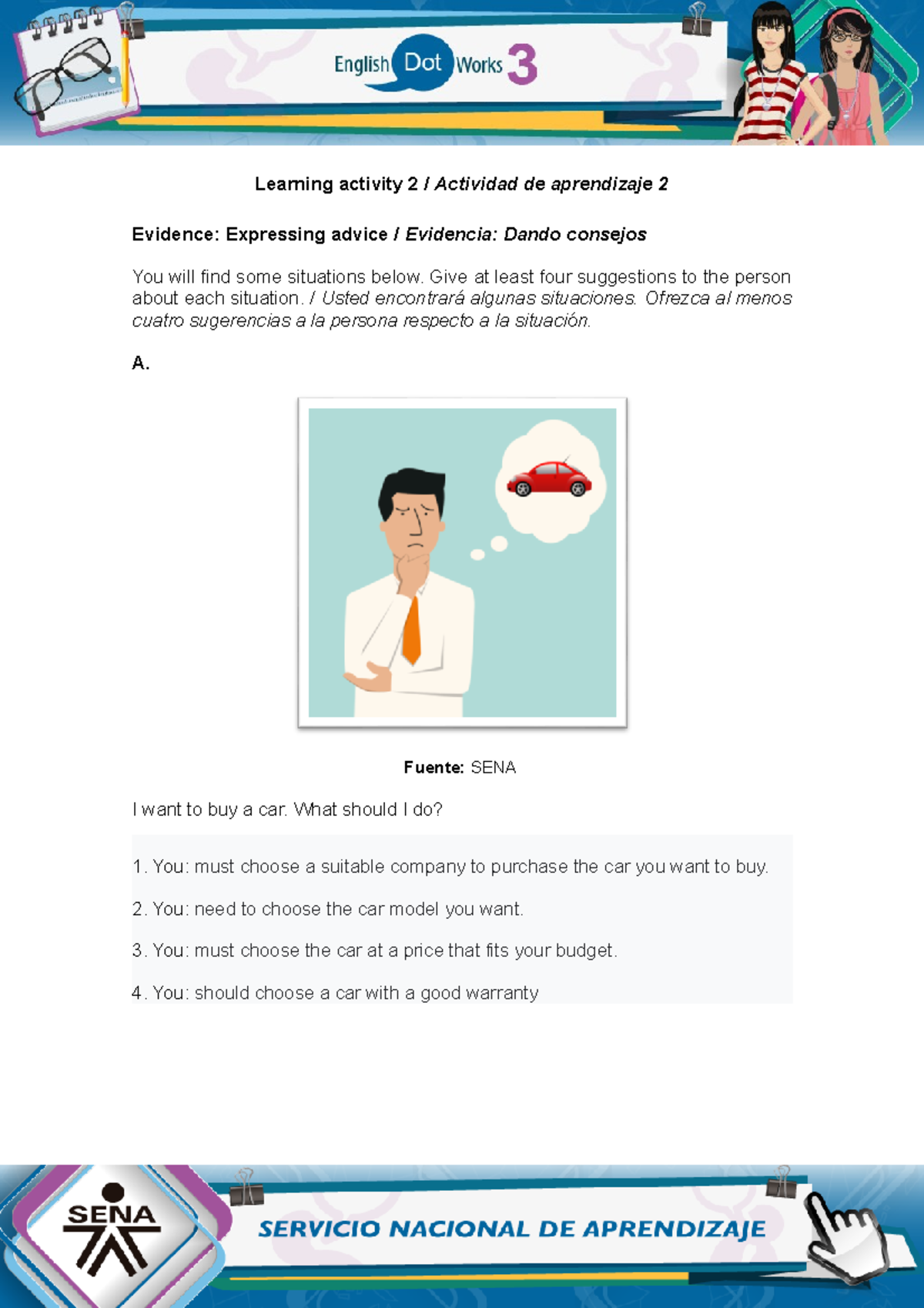 Evidence resuelta Expressing advice - Learning activity 2 Actividad de ...