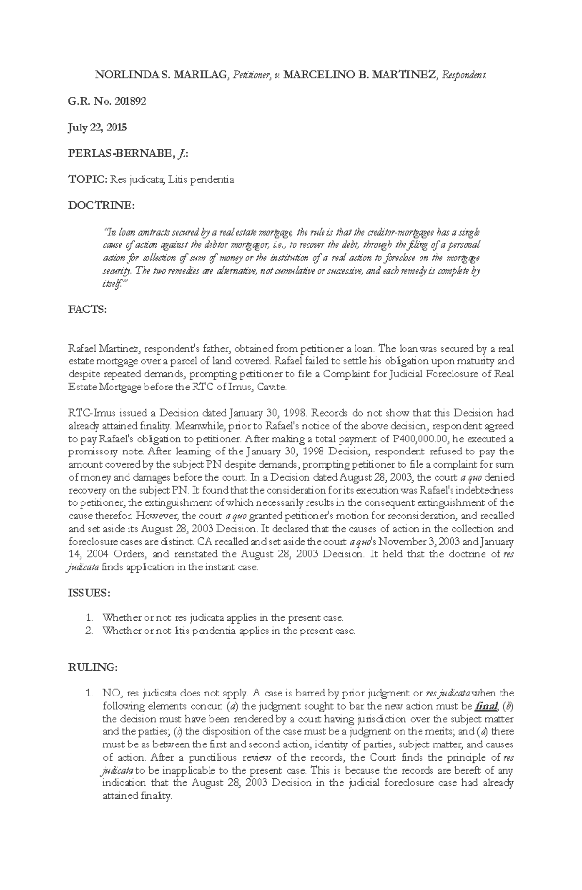 G.R. No. 201892: Marilag vs. Martinez - Res Judicata & Litis Pendentia ...