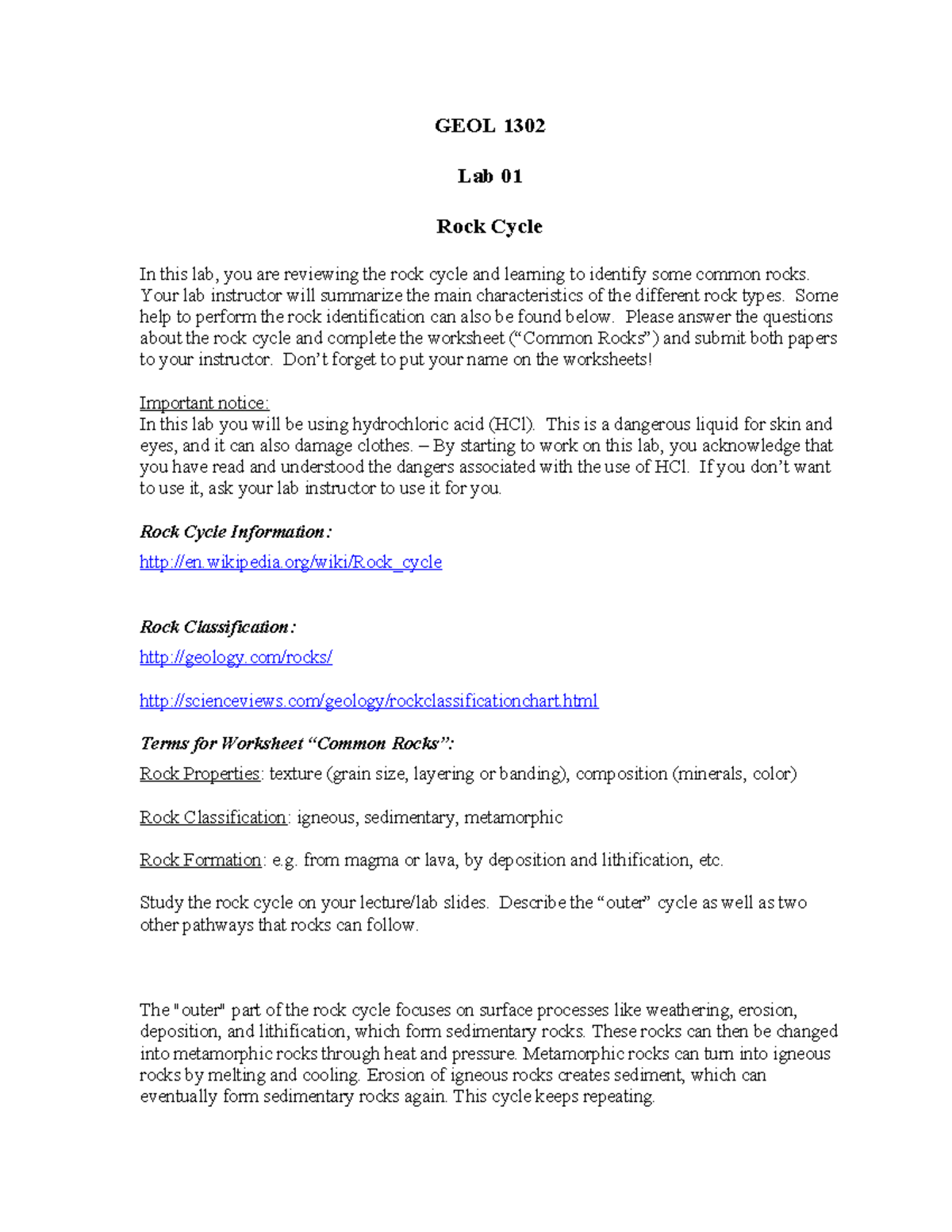 Laboratory 1: rocks - GEOL 1302 Lab 01 Rock Cycle In this lab, you are ...